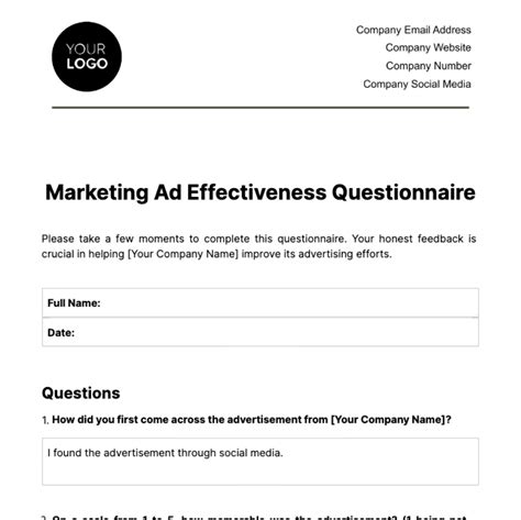 Marketing Ad Effectiveness Questionnaire Template Edit Online And Download Example