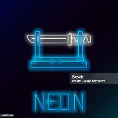 빛나는 네온 라인 검은 배경에 분리된 나무 스탠드 아이콘에 있는 전통적인 일본 카타나 일본도 다채로운 개요 개념입니다 벡터 0명에 대한 스톡 벡터 아트 및 기타 이미지