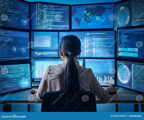 Person Coding On Multiple Screens With Data Analysis Stock Illustration