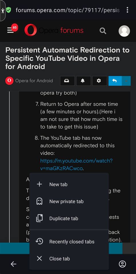 persistent automatic redirection to specific youtube video in opera for