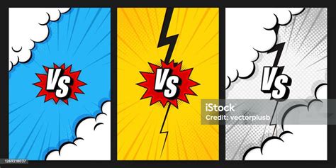 Vs 문자는 하프톤 번개와 평면 만화 스타일의 디자인에 설정 수직 배경 싸움 벡터 그림입니다 만화책에 대한 스톡 벡터 아트 및
