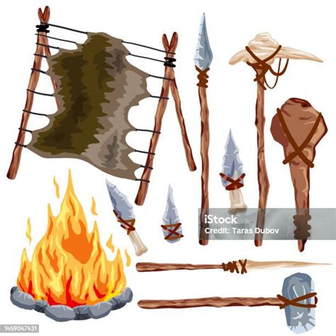 선사 시대 무기 원시인 도구 세트입니다 원시 창과 돌도끼 본파이어와 가죽 사냥 용 장비 고고학적이고 야만적 인 무기 가죽에 대한
