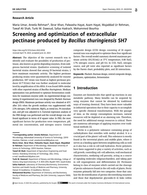 Pdf Screening And Optimization Of Extracellular Pectinase Produced By Bacillus Thuringiensis Sh7