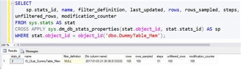 sql server using dm db stats properties with inmemory oltp tables