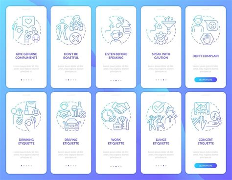 etiquette blue gradient onboarding mobile app screen set basic rules