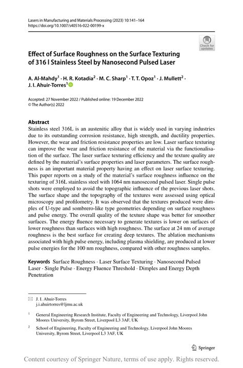 Pdf Effect Of Surface Roughness On The Surface Texturing Of 316 L Stainless Steel By