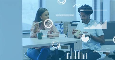 Business Data Analytics Animation Over Colleagues Eating Lunch At