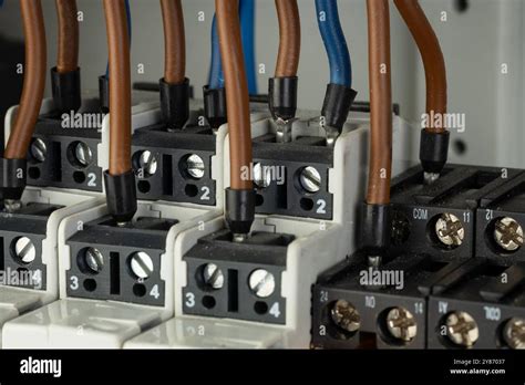 Close Up Of Electrical Terminal Blocks With Connected Wires Stock Photo Alamy