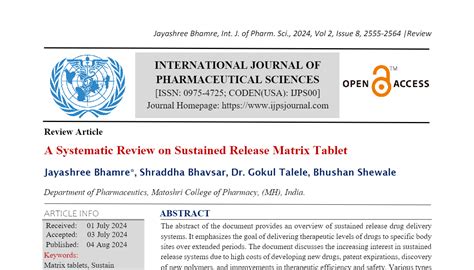 A Systematic Review On Sustained Release Matrix Tablet