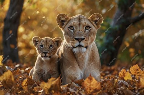Premium Photo Lioness And Cubs Playing In Leaves