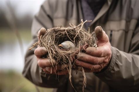 Premium AI Image Cropped Shot Of A Unrecognizable Man Holding Up A Bird Nest While Working At