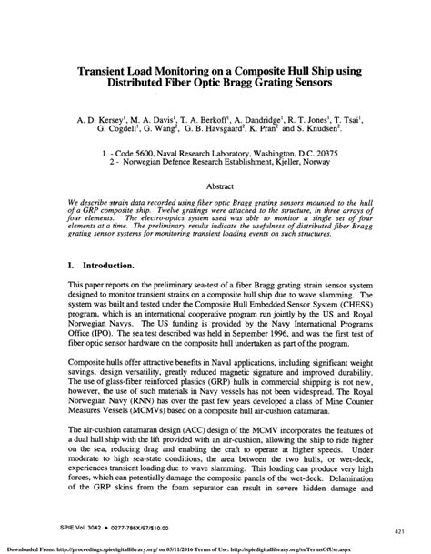 Pdf Transient Load Monitoring On A Composite Hull Ship Using Distributed Fiber Optic Bragg