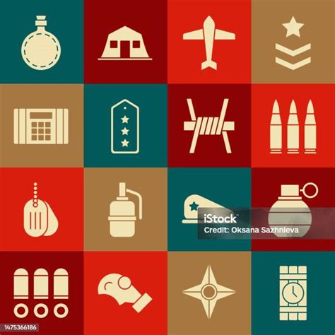 다이너마이트와 타이머 시계 수류탄 총알 제트 전투기 군사 계급 폭탄 매점 물병 및 철조망 아이콘을 설정합니다 벡터 공란에 대한 스톡 벡터 아트 및 기타 이미지 Istock