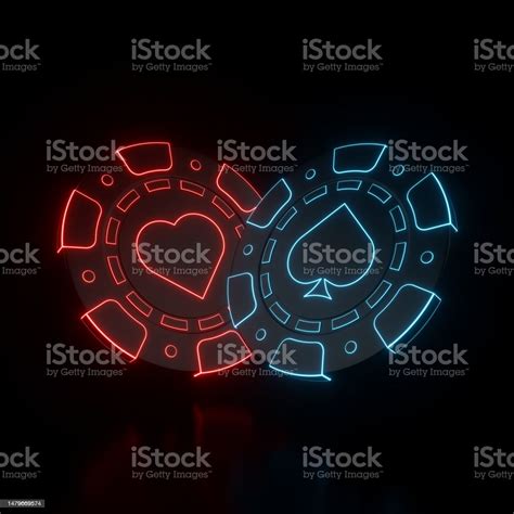 미래의 검은 색과 빨간색 하트와 스페이드 카드 기호 놀이와 블루 네온 칩 3d 그림 0명에 대한 스톡 사진 및 기타 이미지