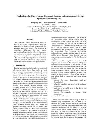 Evaluation Of A Query Biased Document Summarisation Approach