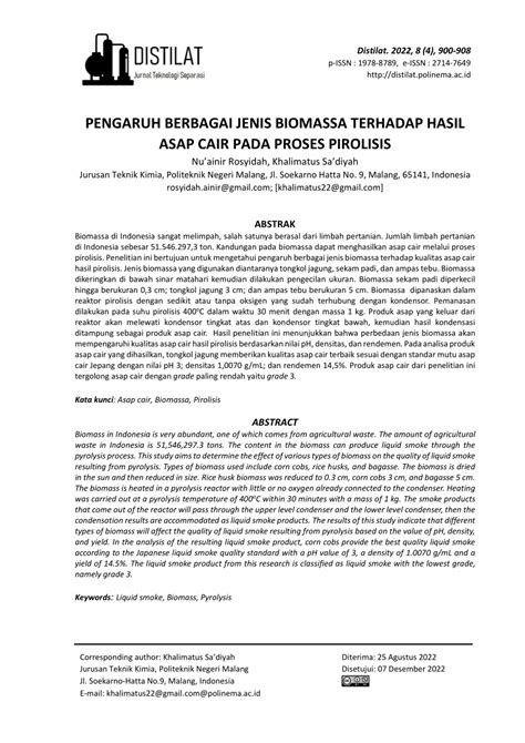 Pdf Pengaruh Berbagai Jenis Biomassa Terhadap Hasil Asap Cair Pada Proses Pirolisis