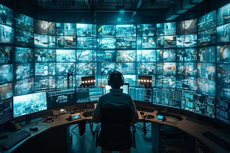 Premium Photo Surveillance Center Operator Monitoring Multiple Screens