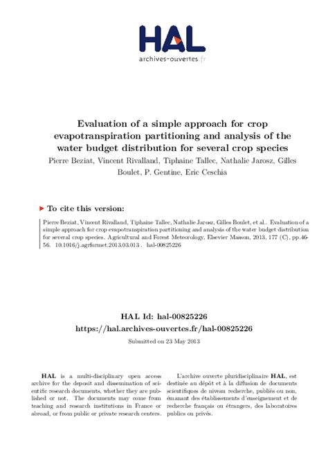 Pdf Evaluation Of A Simple Approach For Crop Evapotranspiration Partitioning And Analysis Of