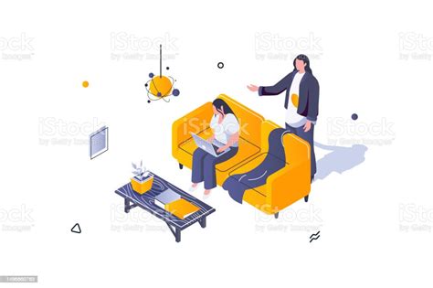3d 아이소메트릭 디자인의 홈 인테리어 개념 소파와 커피 테이블 근처에서 이야기하는 여자들 거실의 가구와 장식 웹 그래픽을 위한