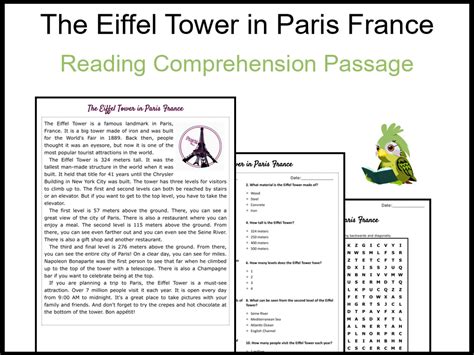 the eiffel tower in paris france reading comprehension and word search