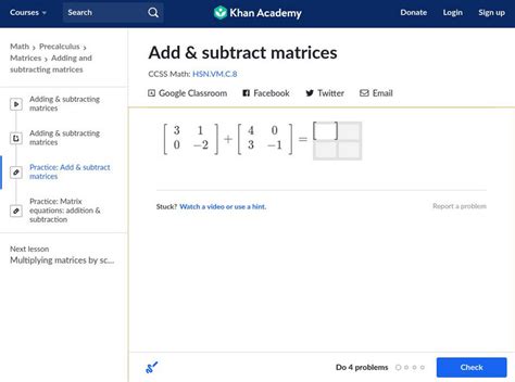 Khan Academy Add And Subtract Matrices Unknown Type For 9th 10th Grade Lesson Planet