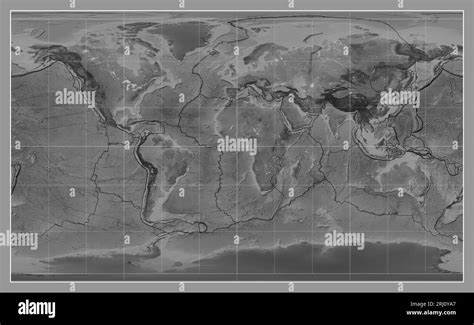 Tectonic Plate Boundaries On A Grayscale Map Of The World In The Compact Miller Projection