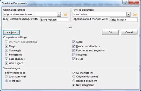combine different versions of a document in word 2013