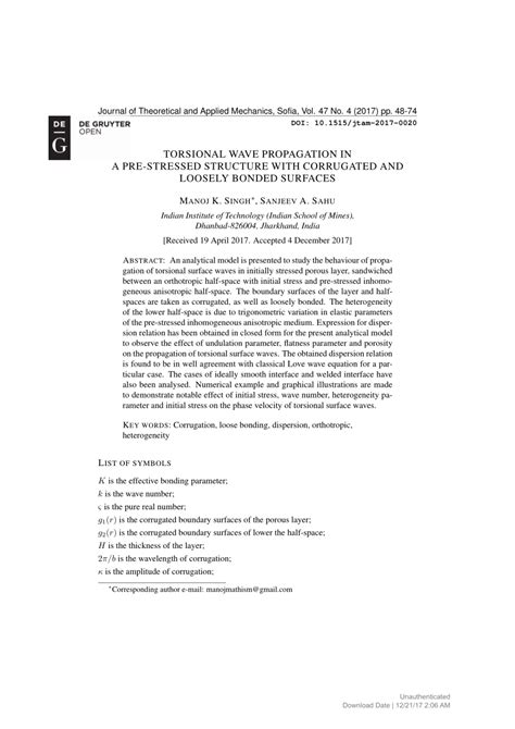 Pdf Torsional Wave Propagation In A Pre Stressed Structure With