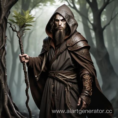 Hooded Halfelf Monk In Leather Armor With Staff And Tree Tattoo Ai Art Generator