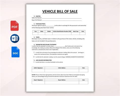 Vehicle Bill Of Sale Template Printable Car Sale Form Bill Of Sale