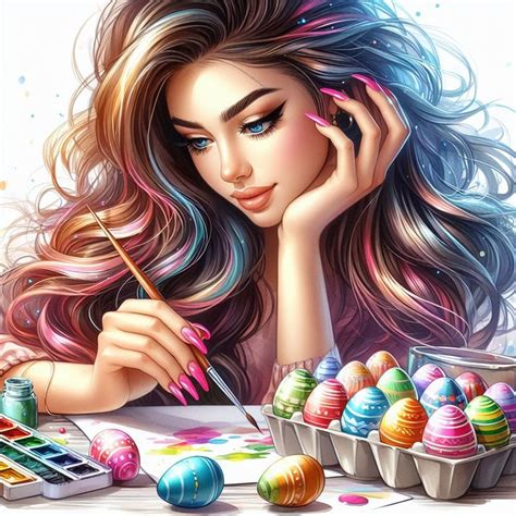 рисунок девушка раскрашивает пасхальные яйца Trong 2024