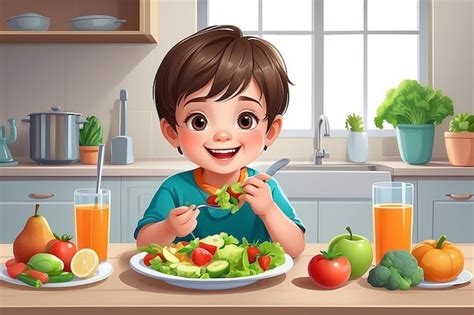 Un niño feliz y lindo come comida saludable. | Foto Premium