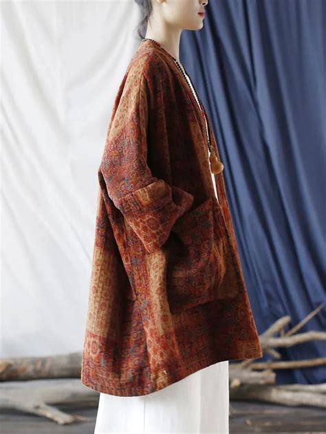 Plus Size Women Autumn Ethnic Pocket Loose Print Loose Coat Ada