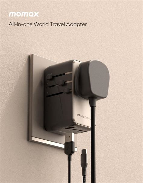 Momax 1 World 120w 3c1a Gan 方便式旅行插座 內置一條usb C To Usb C 100w Pd 快充線 鈦