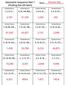 Geometric Sequence Worksheet Finding The Nth Term By Kevin Wilda