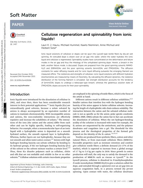 Pdf Cellulose Regeneration And Spinnability From Ionic Liquids