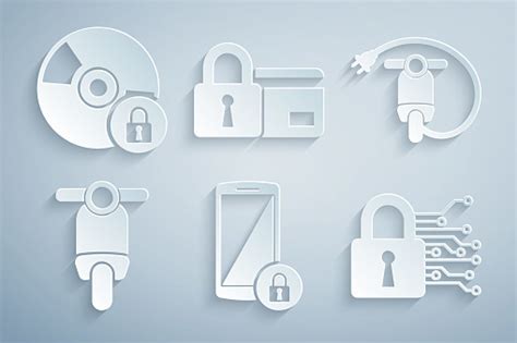 잠금 장치 전기 스쿠터 스쿠터 사이버 보안 신용 카드 및 Cd 또는 Dvd 디스크 아이콘으로 스마트 폰을 설정합니다 벡터 0명에 대한 스톡 벡터 아트 및 기타 이미지