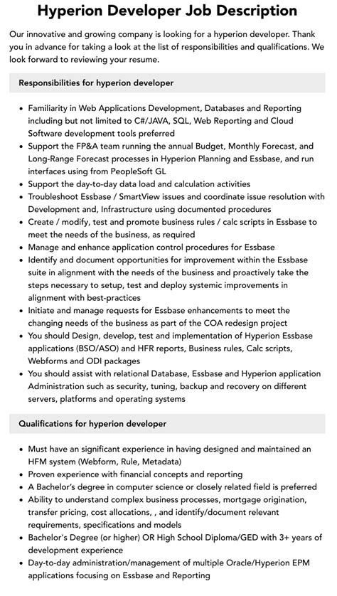 Hyperion Developer Job Description Velvet Jobs