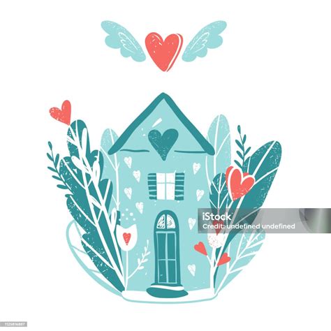 환상 동화 집 꽃과 비행 마음 발렌타인의 날에 대 한 엽서입니다 핑크와 블루 색상 가정 생활에 대한 스톡 벡터 아트 및 기타 이미지 가정 생활 사랑 0명 Istock