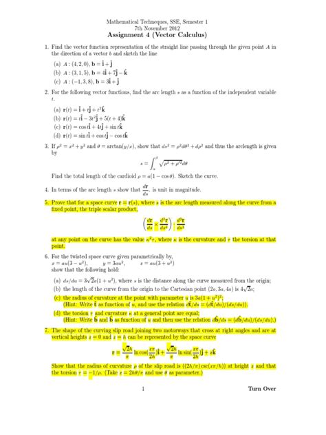 Assignment 4 Vector Calculus Pdf Curvature Euclidean Vector