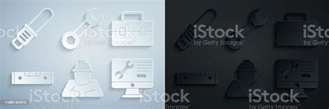 빌더 도구 상자 건설 버블 레벨 컴퓨터 모니터 서비스 렌치 스패너 및 전기톱 아이콘을 설정합니다 벡터 0명에 대한 스톡 벡터 아트 및 기타 이미지 Istock