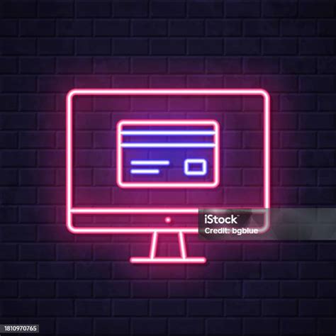 신용 카드가 있는 데스크톱 컴퓨터 벽돌 벽 배경에 빛나는 네온 아이콘 개념에 대한 스톡 벡터 아트 및 기타 이미지 개념 구매 금융 Istock