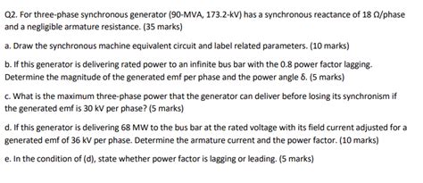 Solved Q2 For Three Phase Synchronous Generator 90 Mva