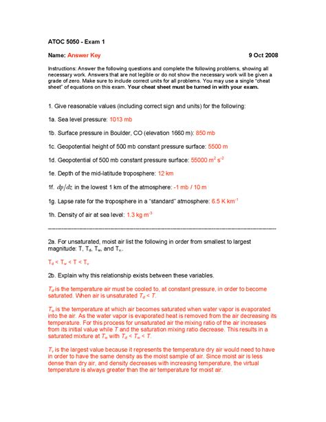 Exam 1 Answer Key Introduction To Atmospheric Physics And Dynamics