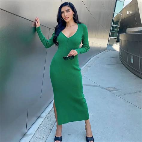 2021 새로운 가을 겨울 드레스 여성 패션 V 목 긴 소매 캐주얼 드레스 여성 분할 슬림 맥시 섹시한 드레스 여성을위한드레스 Aliexpress