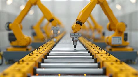 Automated Robotic Arm Assembly Line In Modern Factory Stock Image