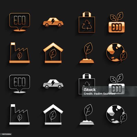 에코 친화적 인 집 잎 기호 지구 지구와 잎 새싹 식물 재활용 쓰레기 재활용 쇼핑 전기 자동차 아이콘을 설정합니다 벡터 0명에
