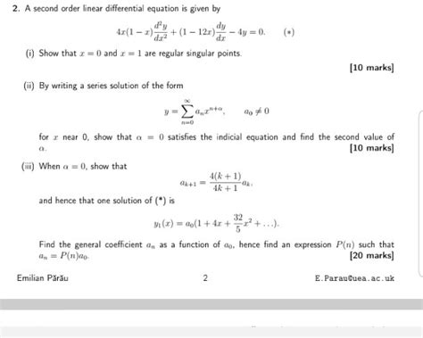 Solved 2 A Second Order Linear Differential Equation Is