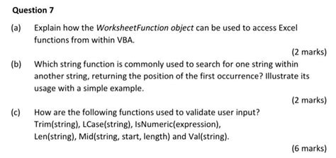 Solved Question 7 A Explain How The Worksheetfunction