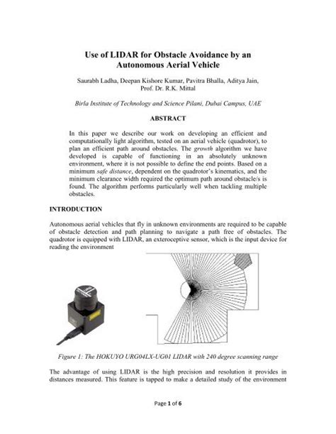 Use Of Lidar For Obstacle Avoidance By An Autonomous Aerial